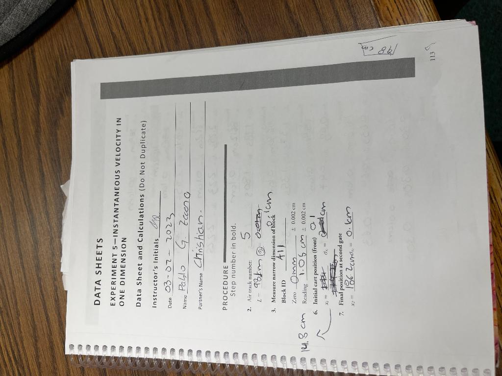 EXPERIMENT 5-INSTANTANEOUS VELOCITY IN ONE DIMENSION | Chegg.com