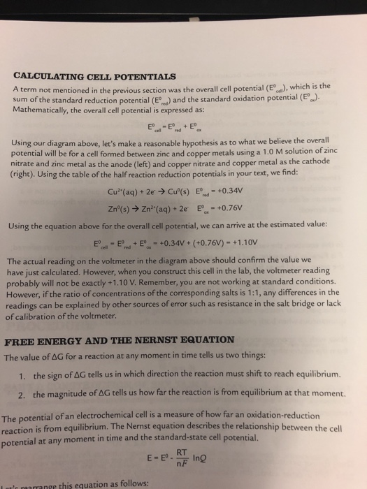Solved CALCULATING CELL POTENTIALS A term not mentioned in | Chegg.com