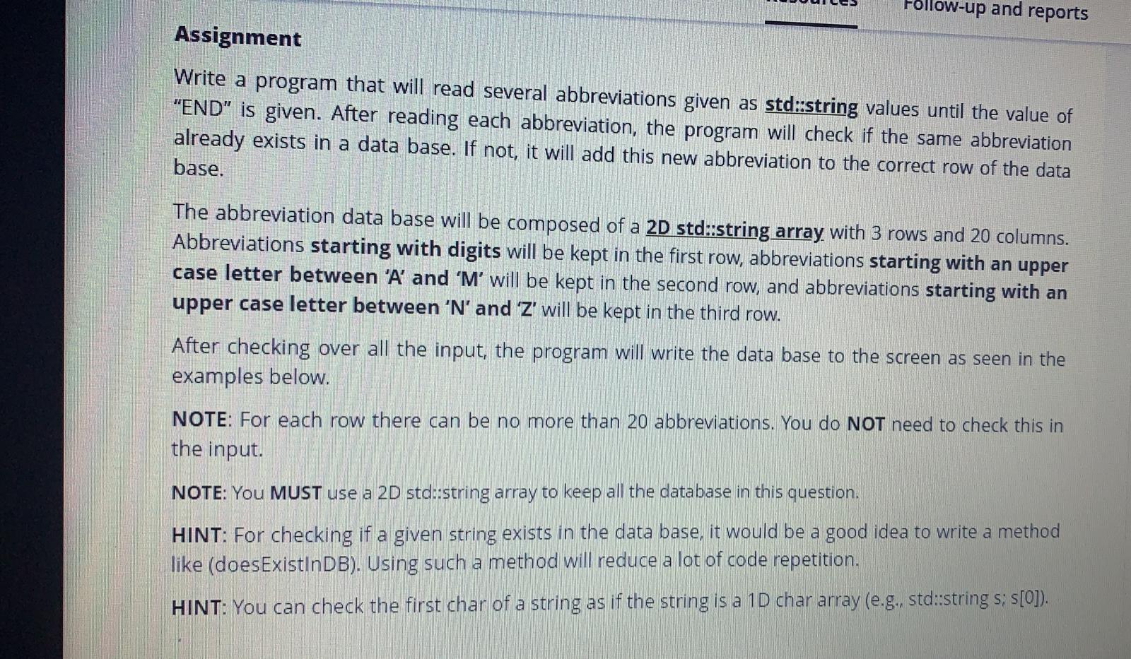 Solved Follow-up and reports Assignment Write a program that | Chegg.com
