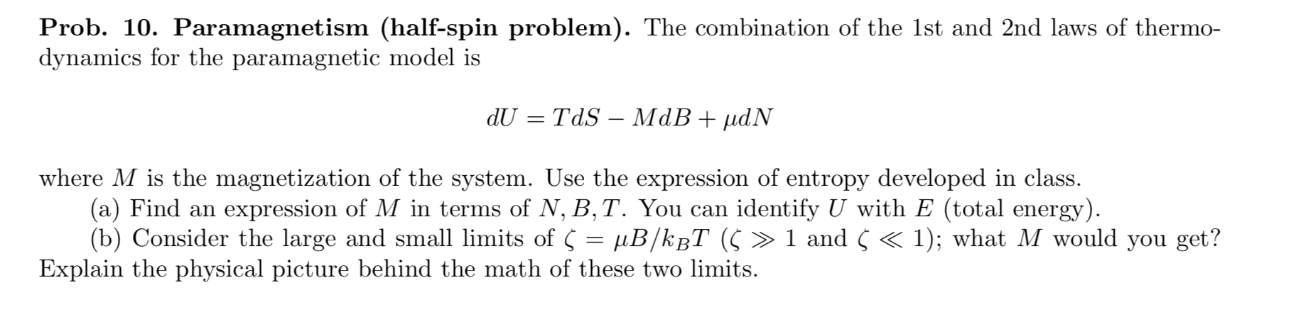 Solved Prob. 10. Paramagnetism (half-spin problem). The | Chegg.com