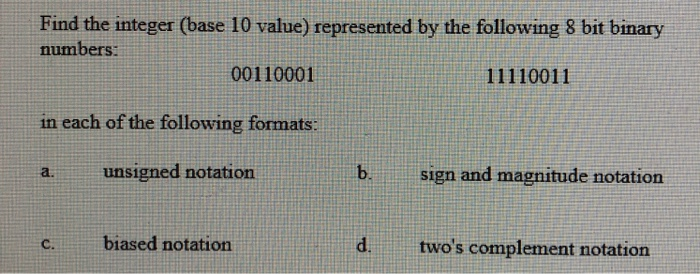Solved Find the integer (base 10 value) represented by the | Chegg.com