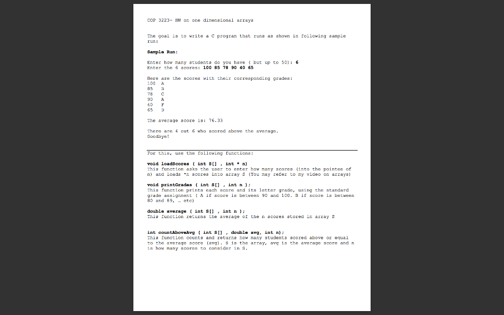 Solved COP 3223- HW on one dimensional arraya The goal is to | Chegg.com