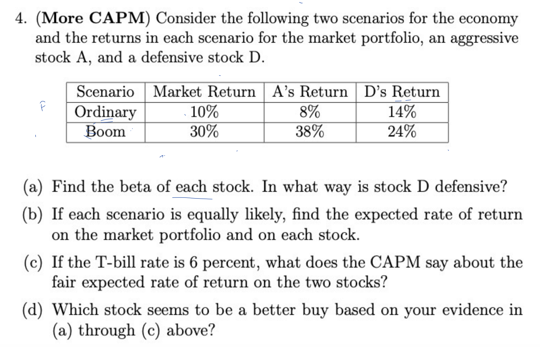 Solved 4. (More CAPM) Consider the following two scenarios | Chegg.com