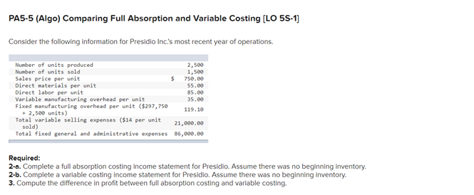 Solved PA5-5 (Algo) Comparing Full Absorption and Variable | Chegg.com