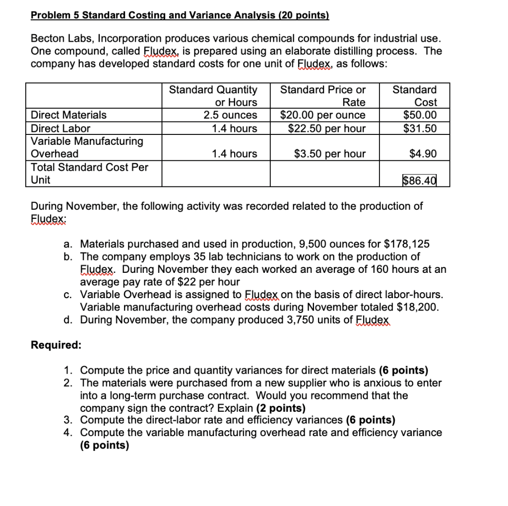 Solved Problem 5 Standard Costing and Variance Analysis (20 | Chegg.com