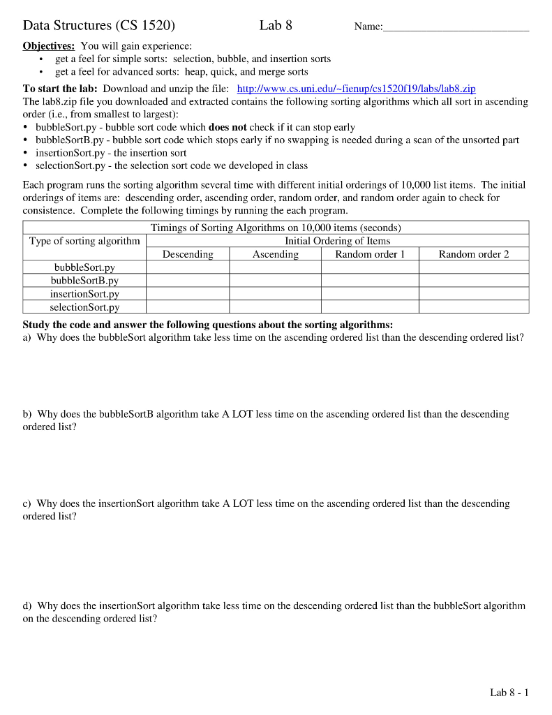 Data Structures (CS 1520) Lab 8 Name: Objectives: You | Chegg.com