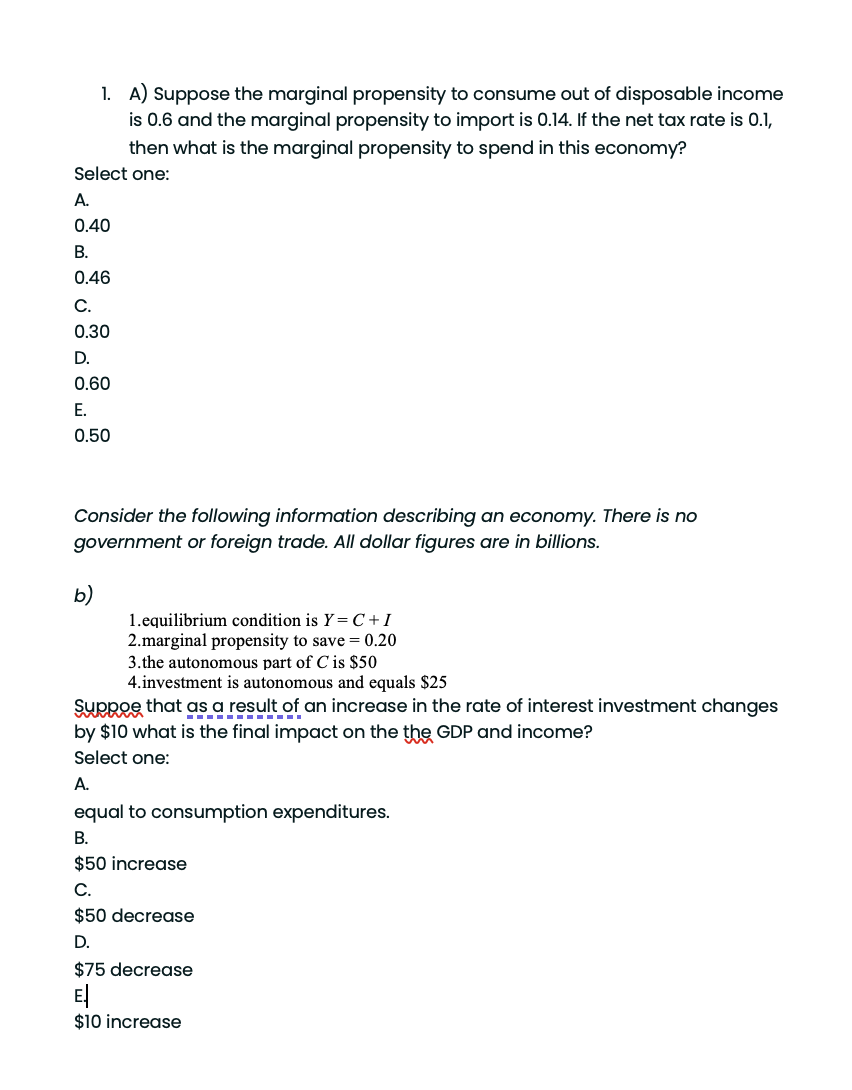 Solved 1. A) Suppose the marginal propensity to consume out | Chegg.com
