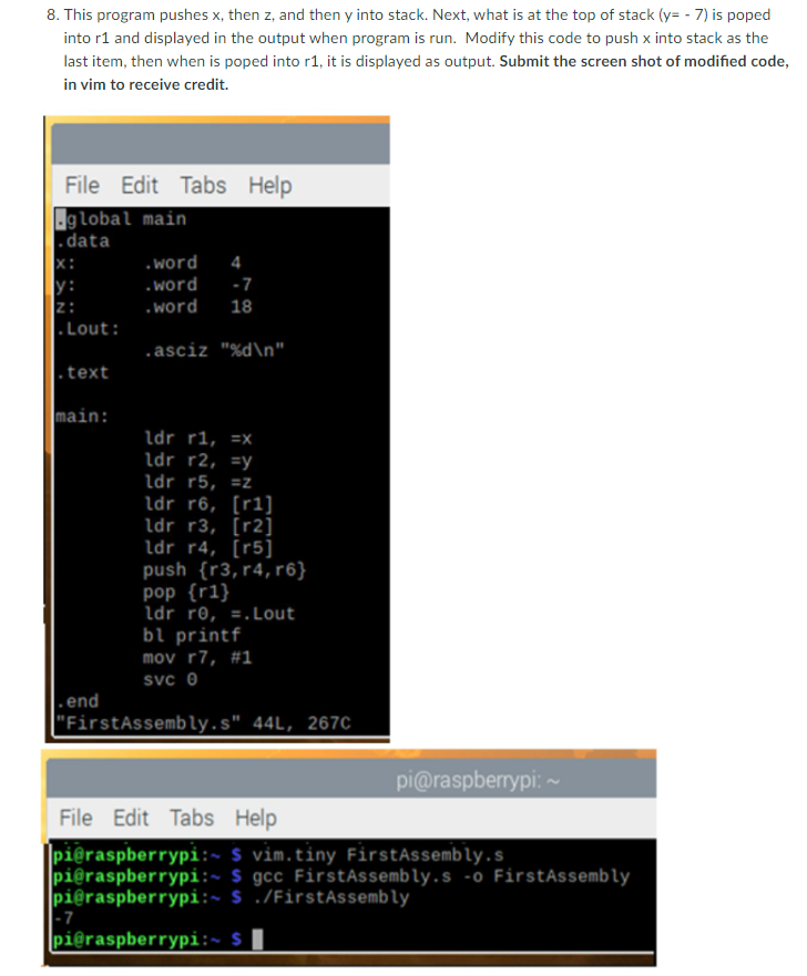 Solved 8. This program pushes x, then z, and then y into | Chegg.com