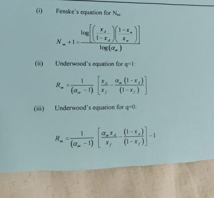 (i) Fenske's equation for Nm log 1-x rt log (%) (ii) | Chegg.com