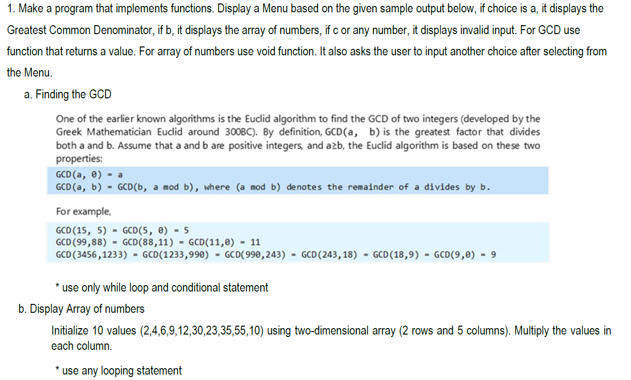 Solved 1. Make a program that implements functions. Display | Chegg.com