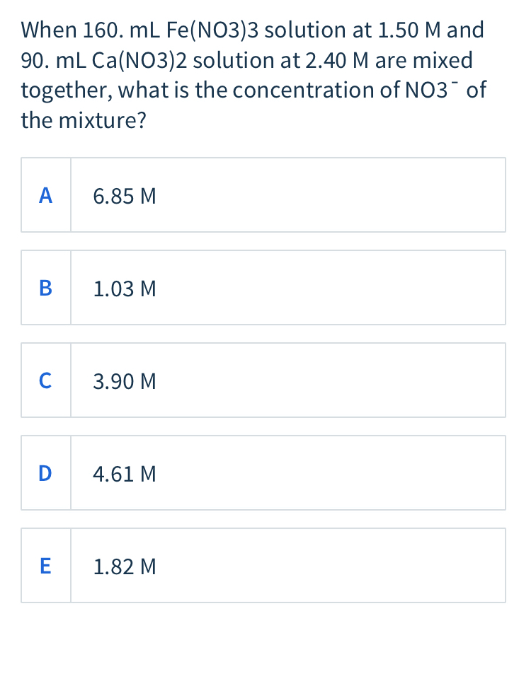 Solved When 160. mL Fe(NO3)3 solution at 1.50 M and 90. mL | Chegg.com