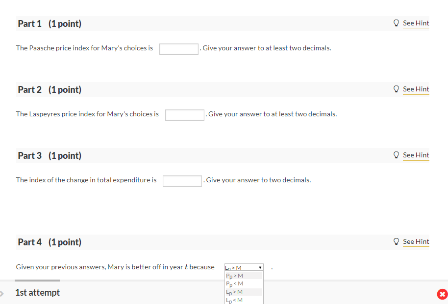Solved Part 1 (1 ﻿point)The Paasche price index for Mary's | Chegg.com