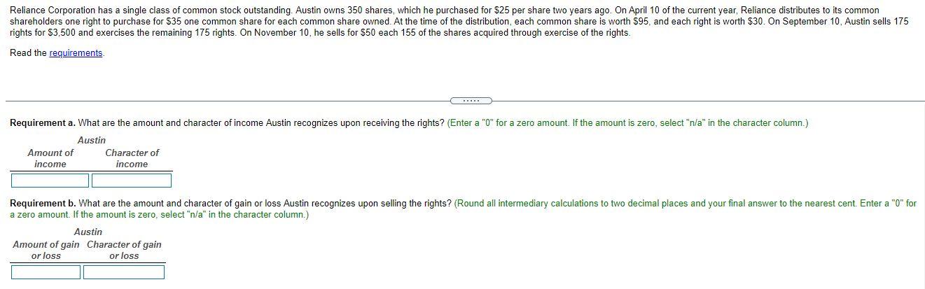 Solved Reliance Corporation has a single class of common | Chegg.com