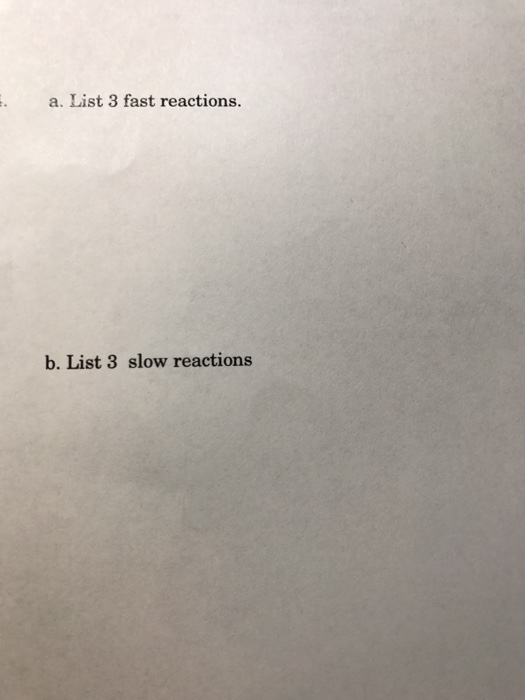 Solved a. List 3 fast reactions. b. List 3 slow reactions | Chegg.com