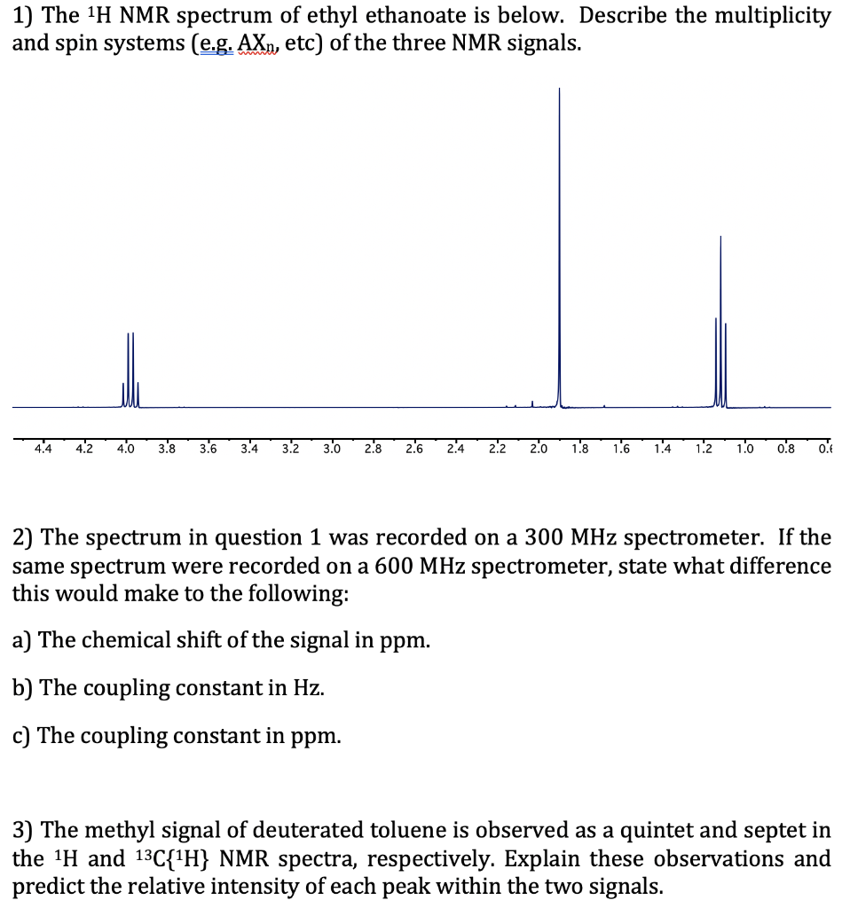 Solved 1) The 1H NMR spectrum of ethyl ethanoate is below. | Chegg.com