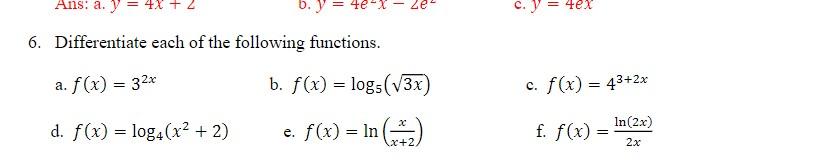 Solved 6. Differentiate each of the following functions. a. | Chegg.com