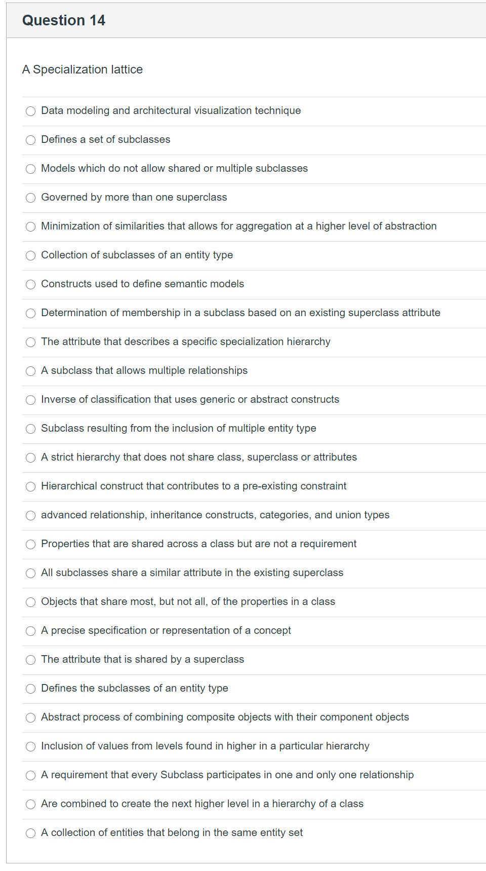 Solved Question 14 A Specialization lattice O Data modeling | Chegg.com