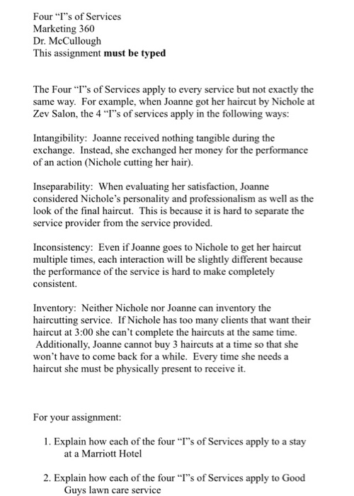 Solved Four "I"s of Services Marketing 360 Dr. McCullough | Chegg.com
