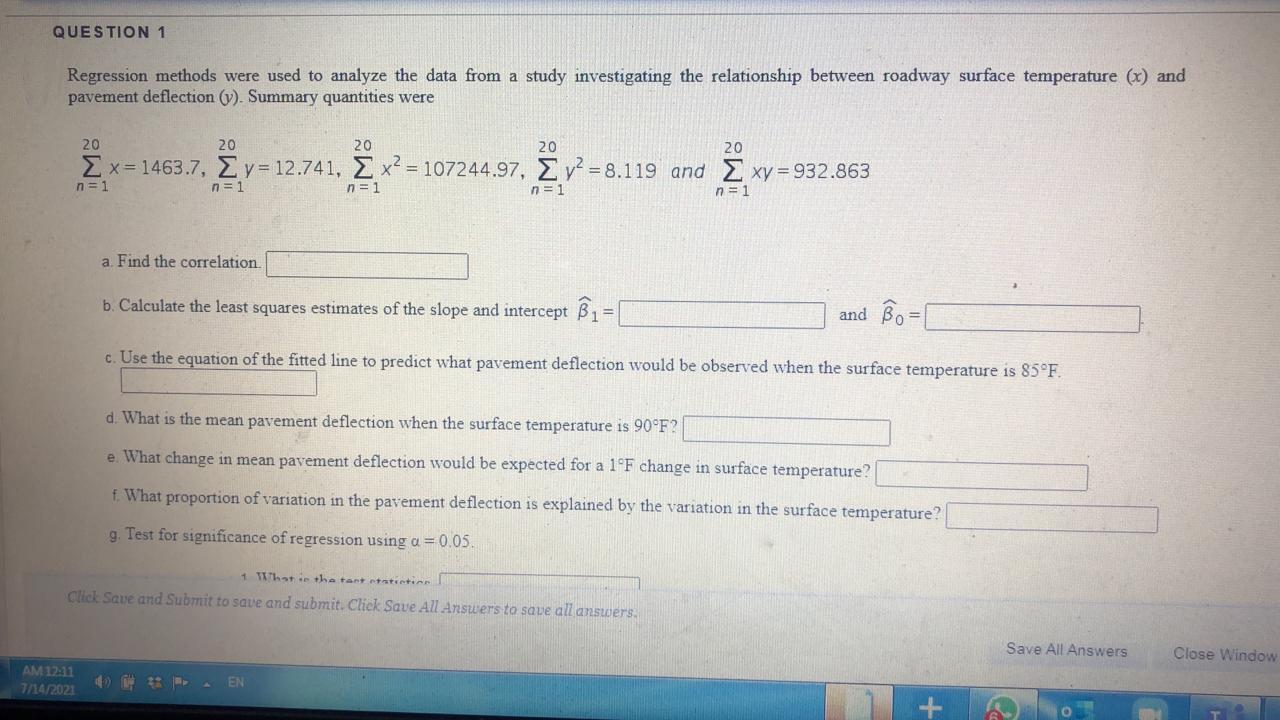 Solved g.Test for significance of regression using α = | Chegg.com