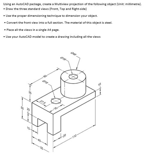 Solved Using an AutoCAD package, create a Multiview | Chegg.com