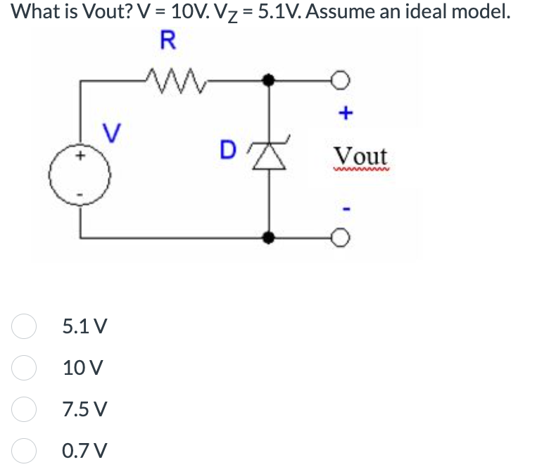 Solved What is Vout? V=10 V.VZ=5.1 V. Assume an ideal model. | Chegg.com