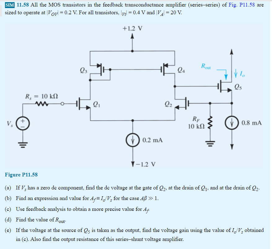Solved SIM 11.58 All the MOS transistors in the feedback | Chegg.com