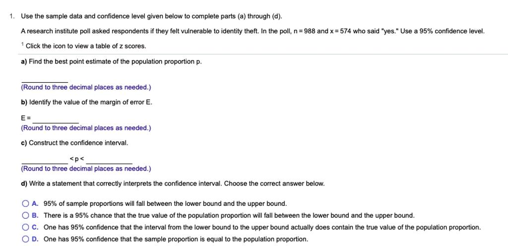 Solved 1. Use the sample data and confidence level given | Chegg.com