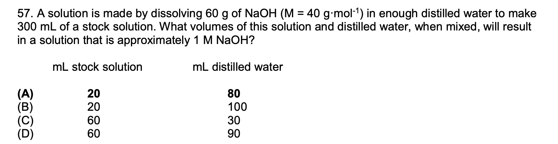 Solved 57. A solution is made by dissolving 60 g of NaOH (M | Chegg.com
