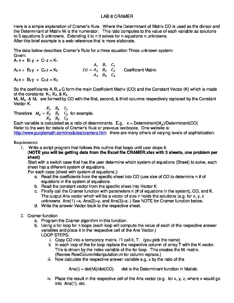 LAB 8 CRAMER Here is a simple explanation of Cramer's | Chegg.com