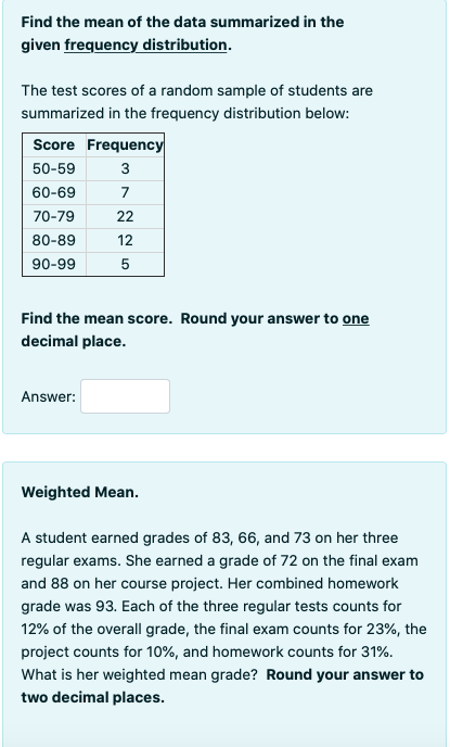 Solved Find the mean of the data summarized in the given | Chegg.com