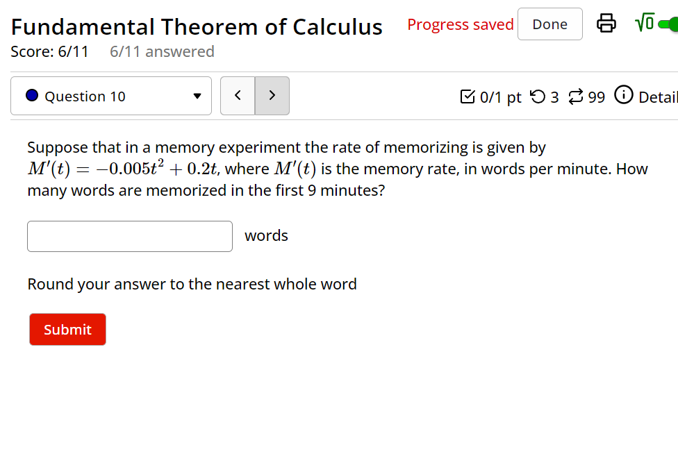 Solved Fundamental Theorem of Calculus Progress saved Score: | Chegg.com
