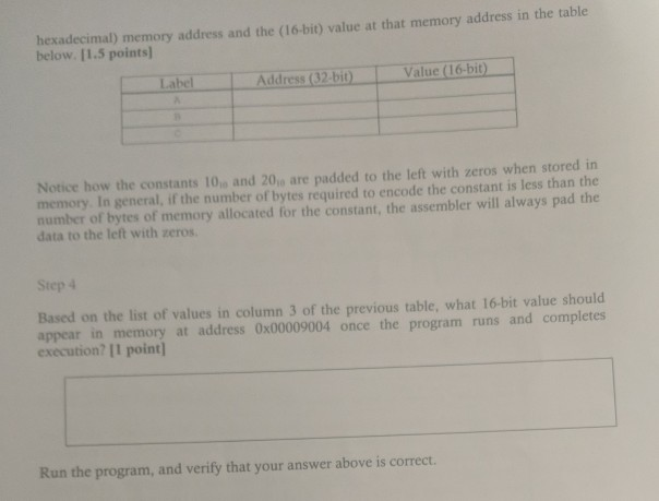 hexadecimal) memory address and the (16-bit) value | Chegg.com