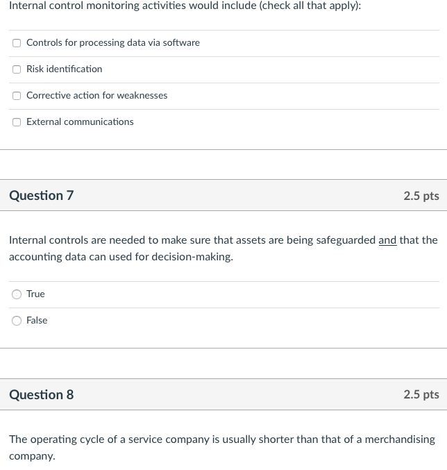 Solved Internal control monitoring activities would include | Chegg.com
