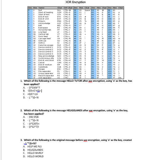 Solved XOR Encryption Dec Hex Name Char archar Dec Hex Char | Chegg.com