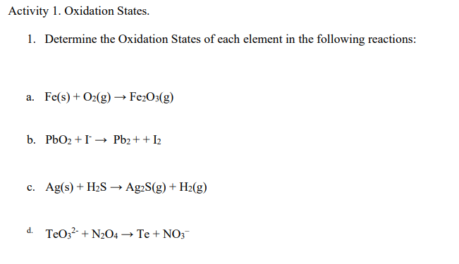 Solved Activity 1. Oxidation States. 1. Determine the | Chegg.com