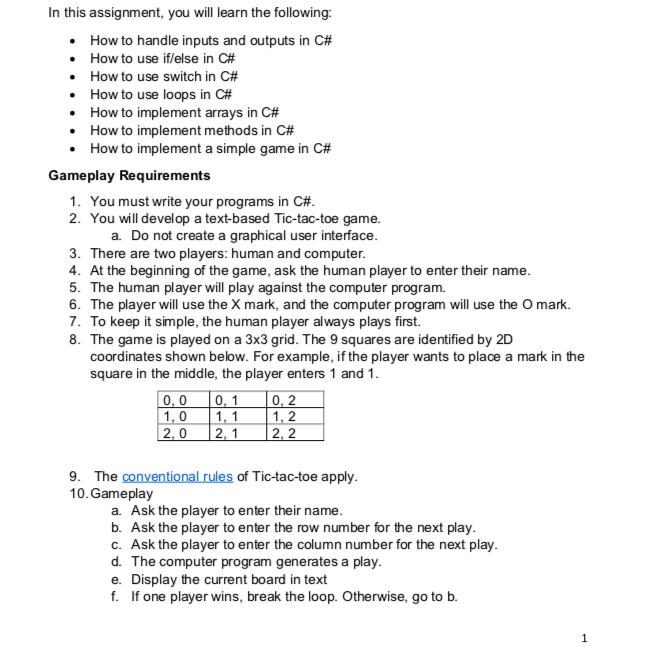 Solved C# Tic-Tac-Toe game, player vs computer with no gui, | Chegg.com