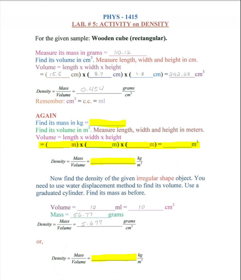 Solved PHYS - 1415 LAB. #5: ACTIVITY on DENSITY For the | Chegg.com