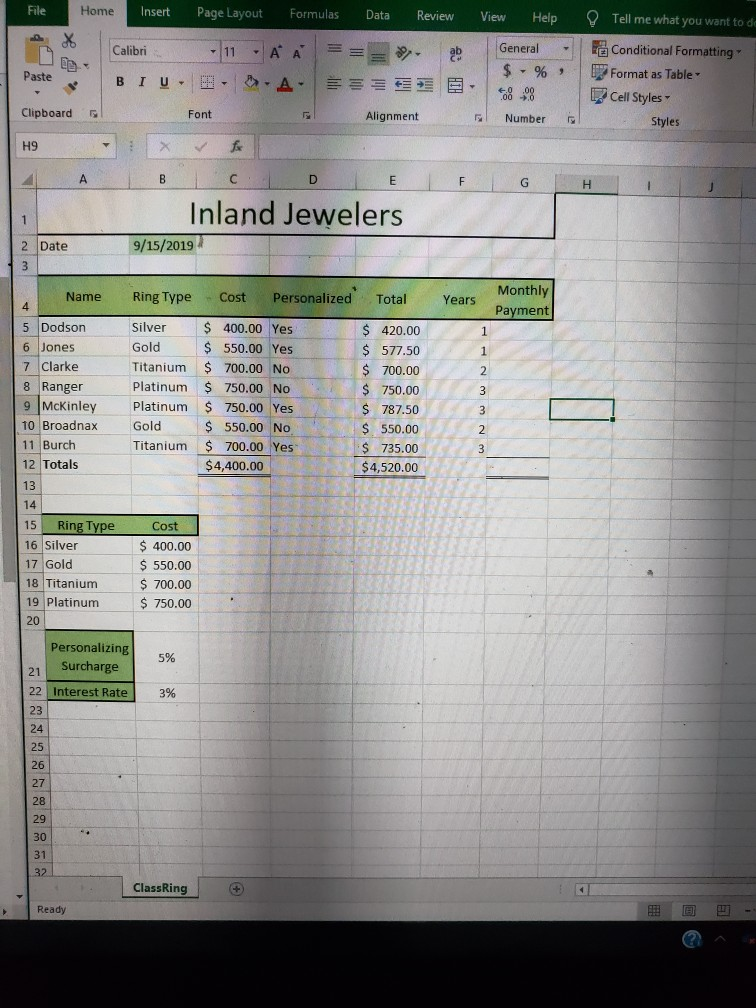 Solved 10 Insert a function in cell G5 to calculate the | Chegg.com