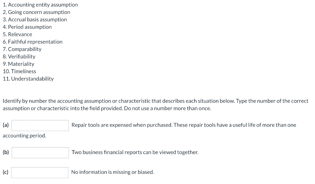 Solved 1. Accounting entity assumption 2. Going concern | Chegg.com