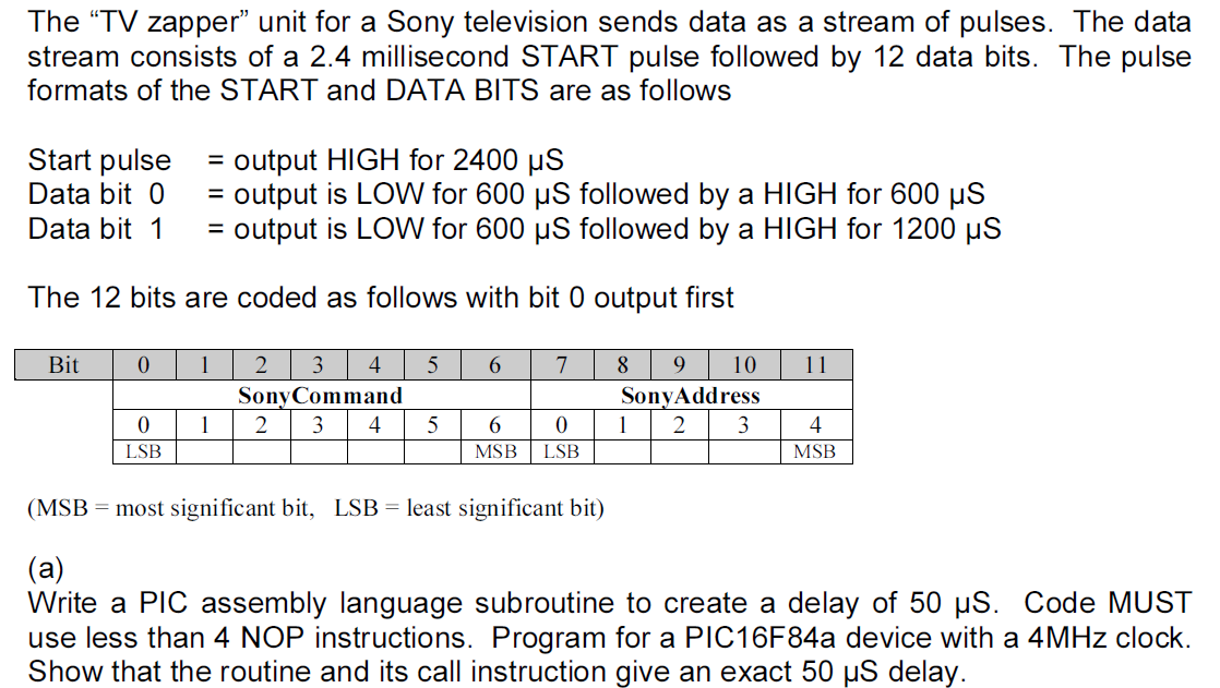 Solved The "TV zapper" unit for a Sony television sends data | Chegg.com