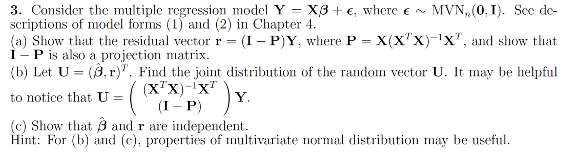 3. Consider the multiple regression model Y = XB + €, | Chegg.com
