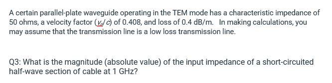 Solved A certain parallel-plate waveguide operating in the | Chegg.com