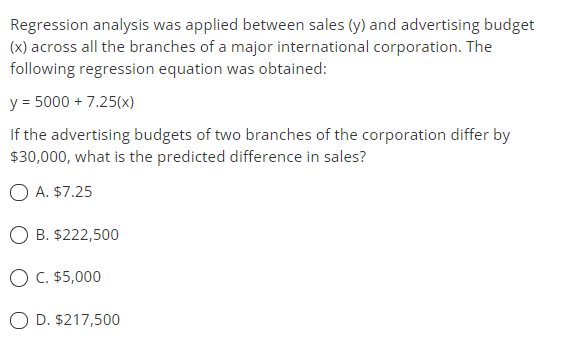 Solved Regression analysis was applied between sales (y) and | Chegg.com