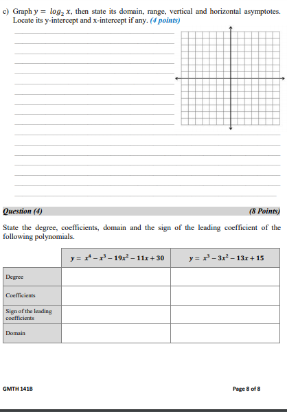 Solved c) Graph y = log2 x, then state its domain, range, | Chegg.com