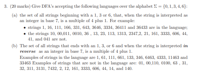 3. (20 marks) Give DFA's accepting the following | Chegg.com