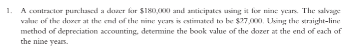 Solved 1. A contractor purchased a dozer for $180,000 and | Chegg.com