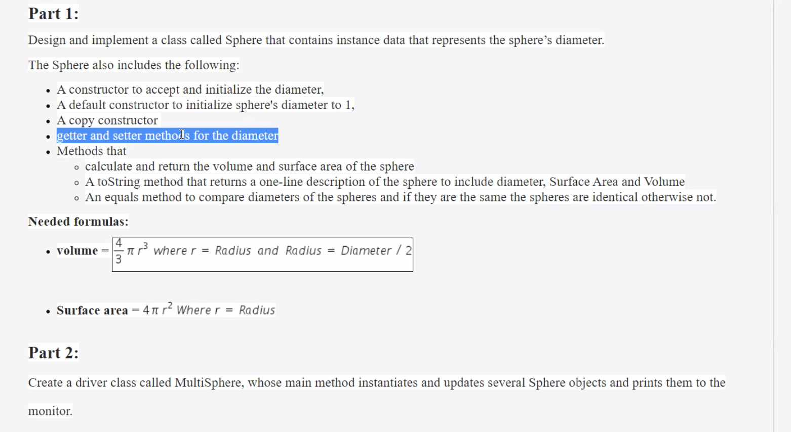 Solved Part 1 Design And Implement A Class Called Sphere 