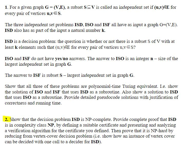 1. For a given graph G (V.E), a subset SSV is every | Chegg.com