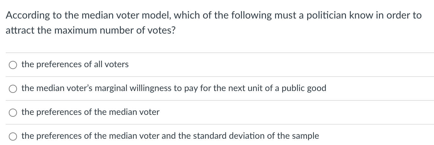 Solved According to the median voter model, which of the | Chegg.com