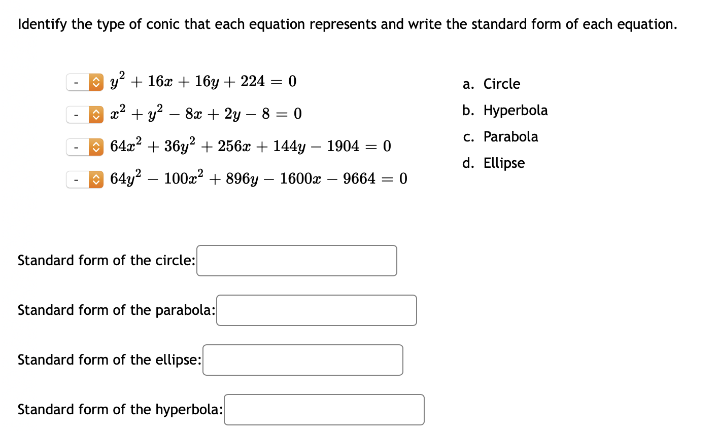 Solved Identify the type of conic that each equation | Chegg.com